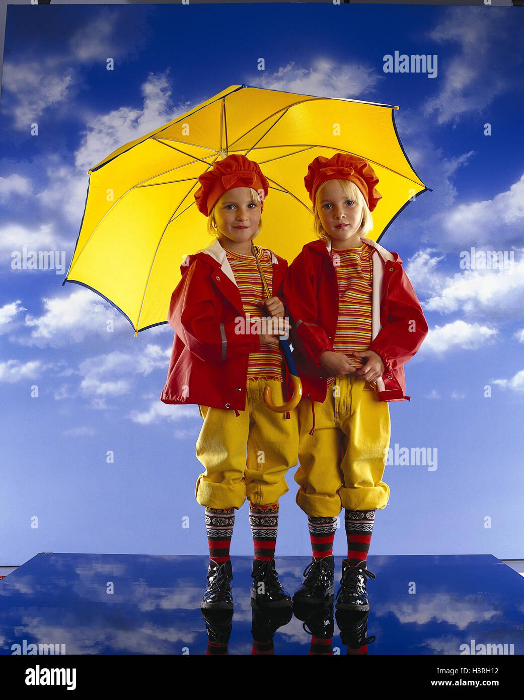 Girls, twins, umbrella, cloudy sky, studio childhood, children, sisters ...
