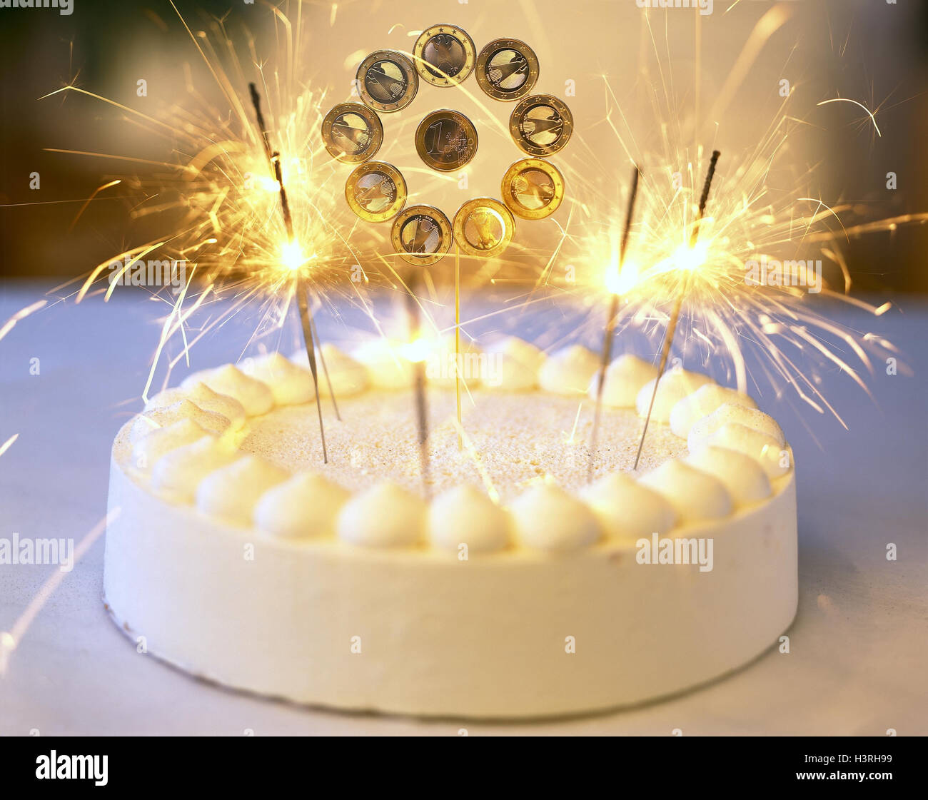 Cake, white, sparklers, euro coins, Still life, icon, introduction ...