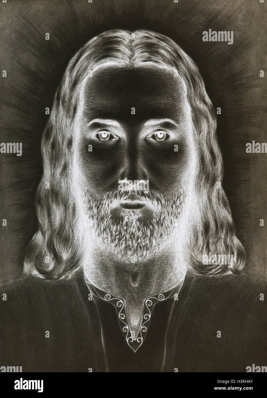 graphic drawing of Jesus, with ornament on clothing. Eye contact ...