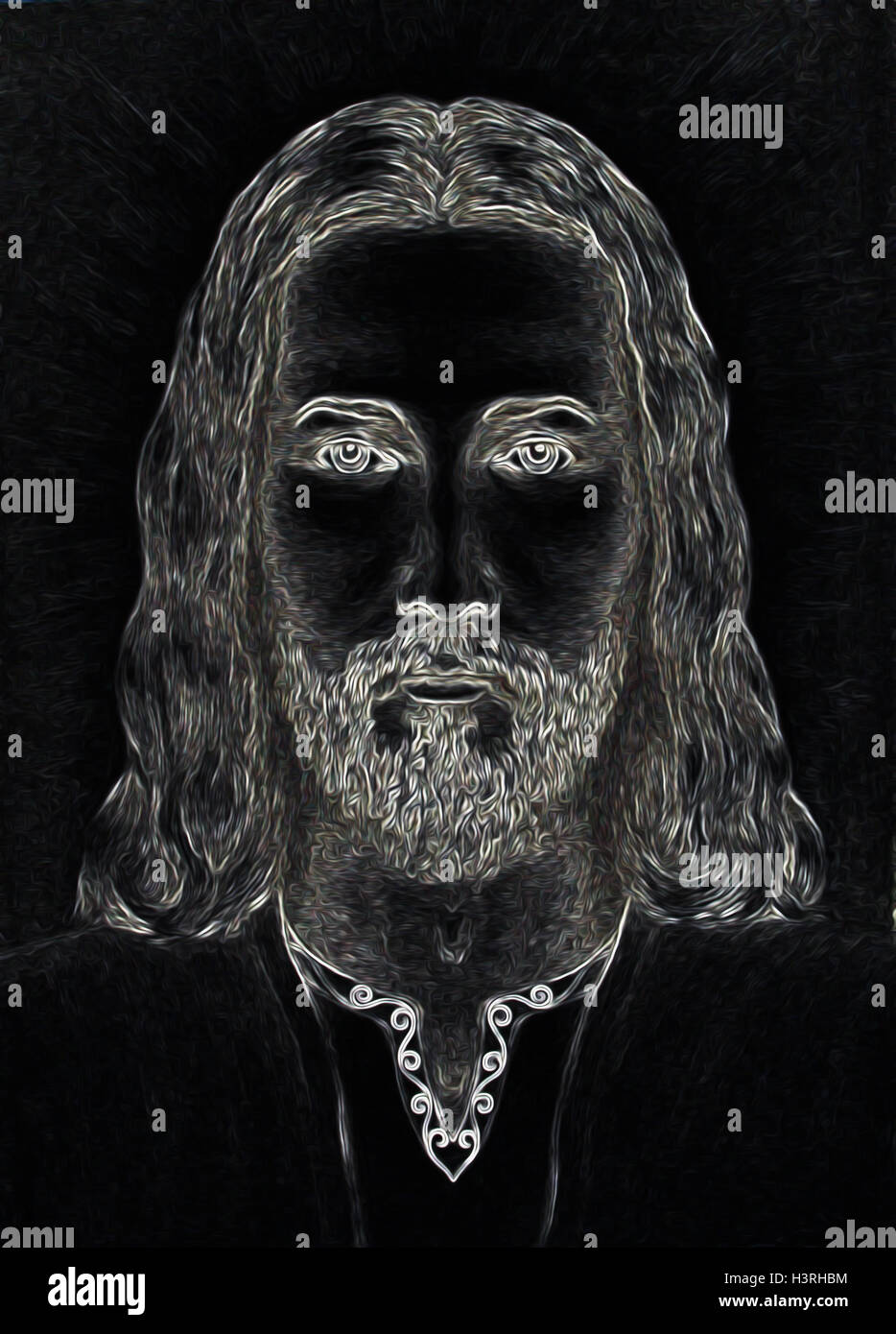 graphic art design, face of Jesus Christ, computer collage version. Eye ...