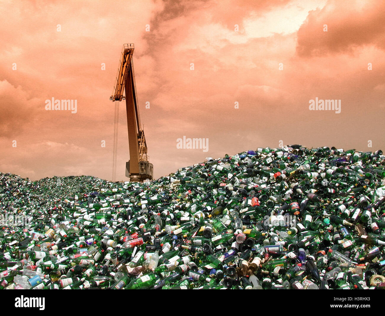 Recycling, Old glass, crane recycling plant, garbage waste dump ...