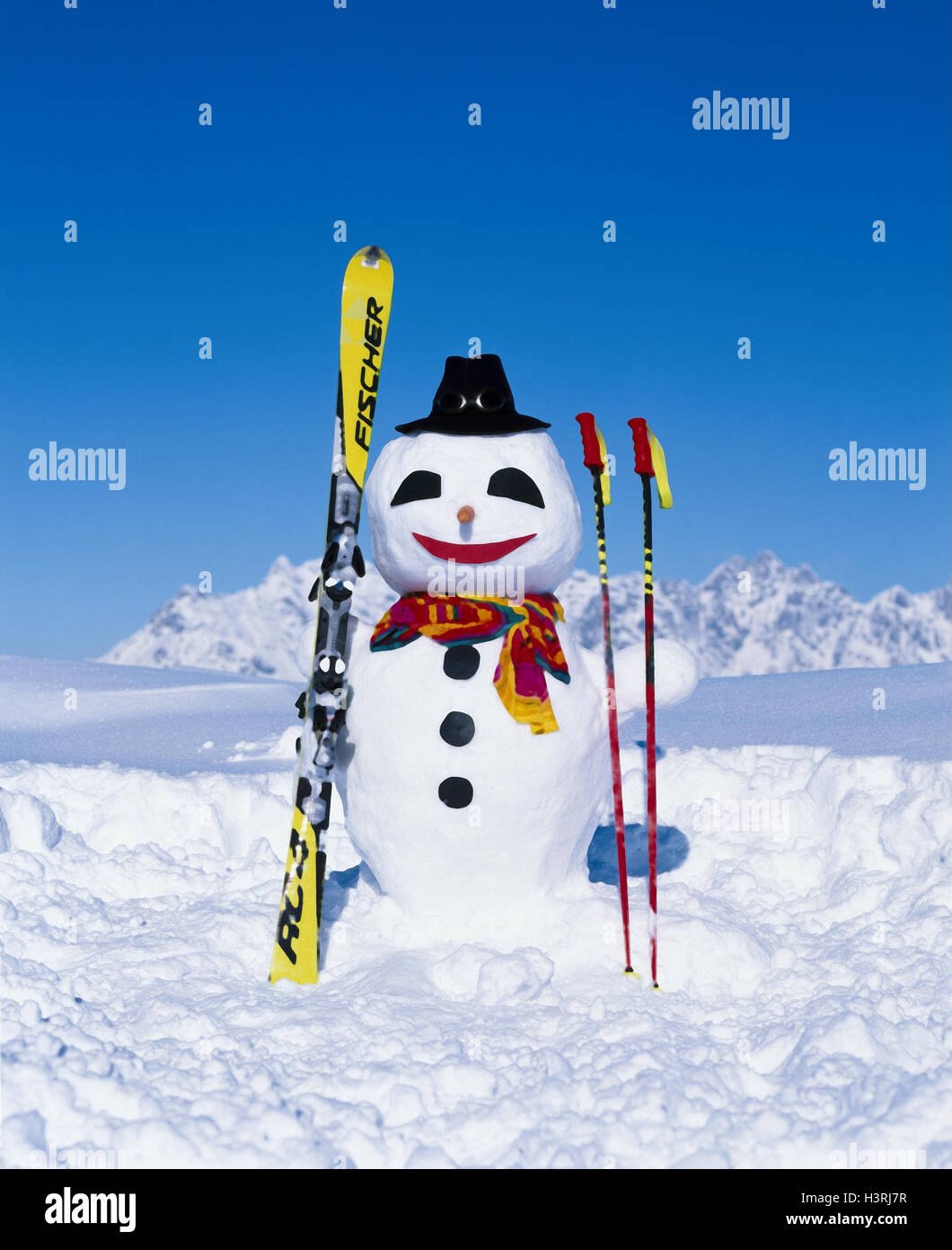 Mountain landscape, snowman, skis, ski sticks, mountains, winter ...