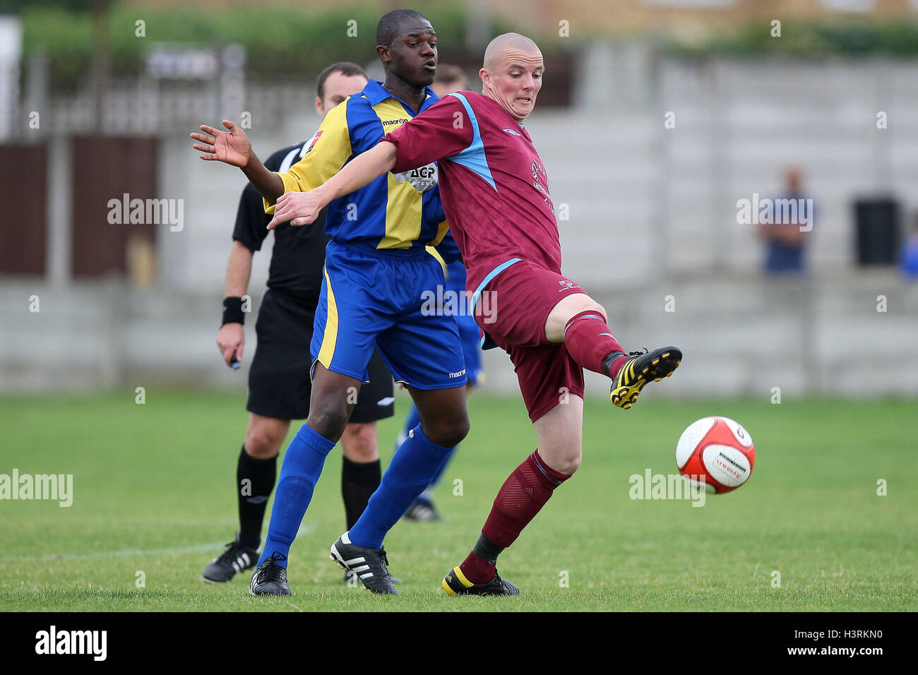 Gareth Harnaman of Crawley Green shields the ball from Abayomi Seymour ...