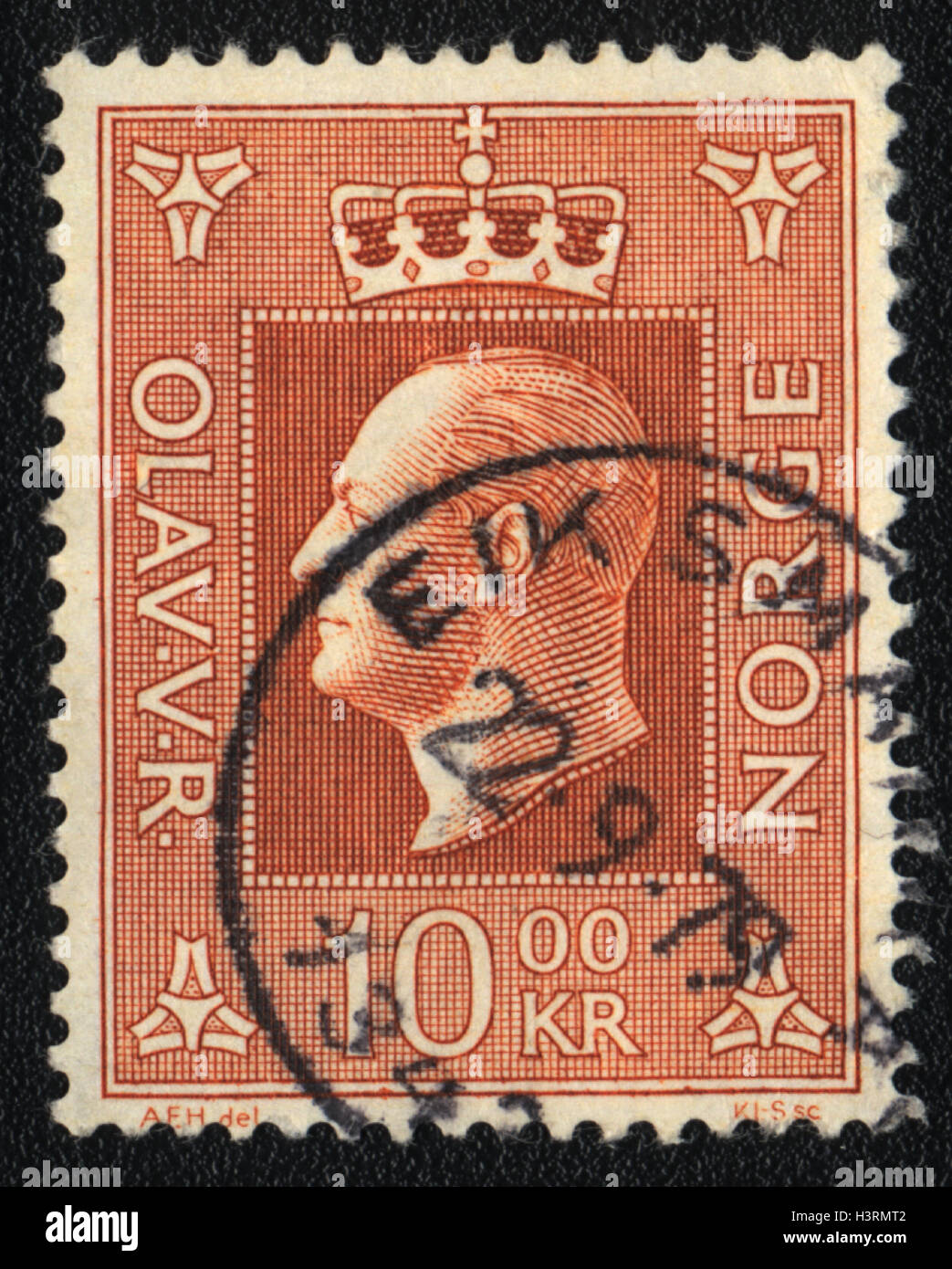 A postage stamp printed in Norway, shows Portrait of King Olav V, 1979 ...