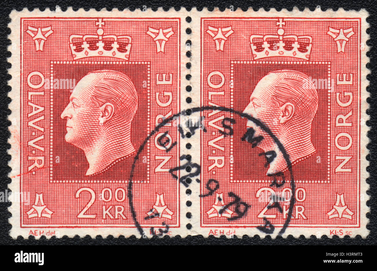 A postage stamp printed in Norway, shows Portrait of King Olav V, 1979 ...