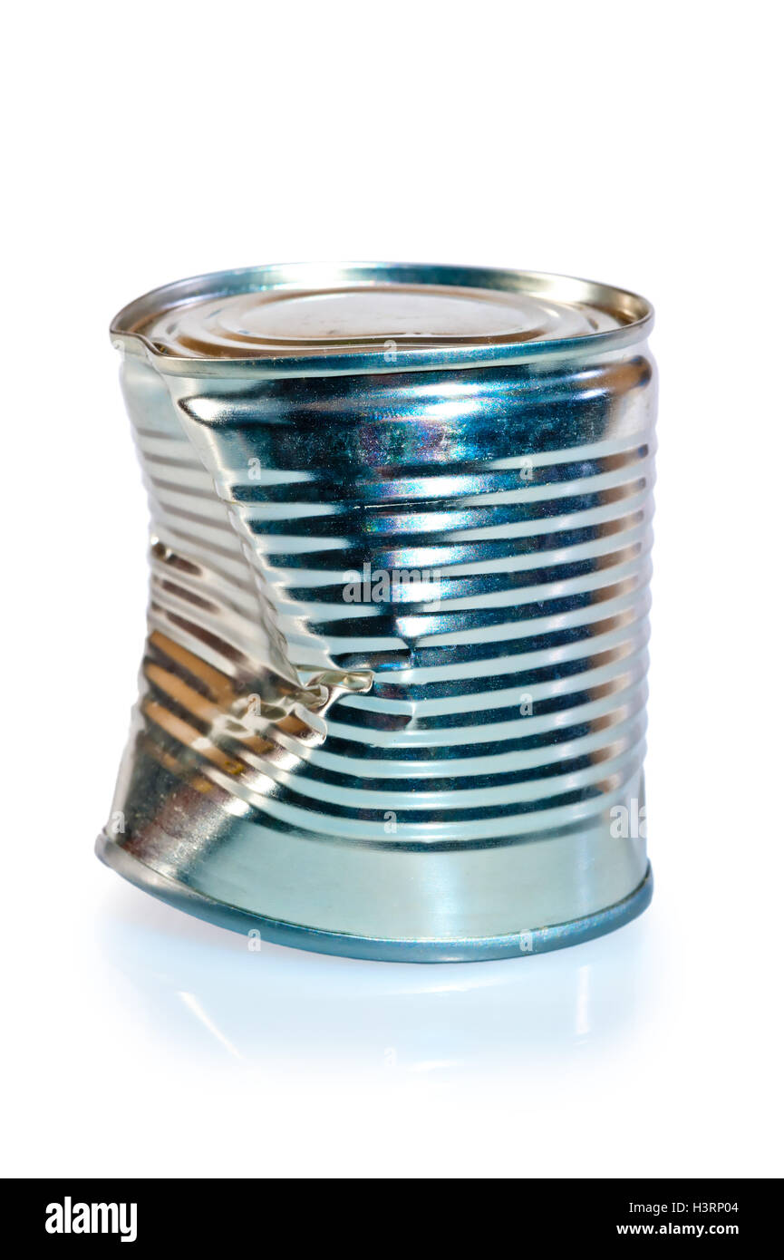 crumpled metal tin can on white background Stock Photo - Alamy