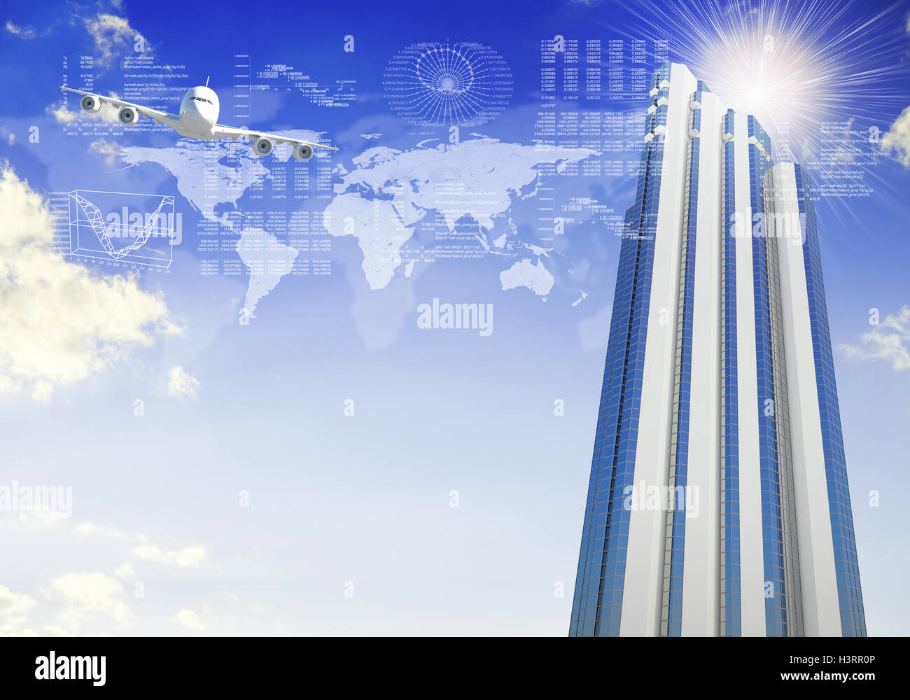Airplane with background of skyscrapers and graphs Stock Photo - Alamy