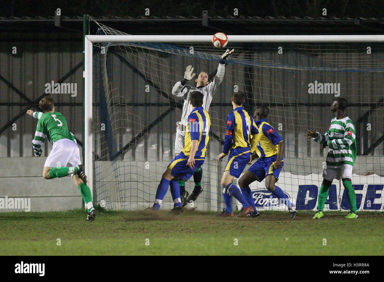 Adam Rafis of Romford makes a fine save to deny Dave Eyres (5 ...