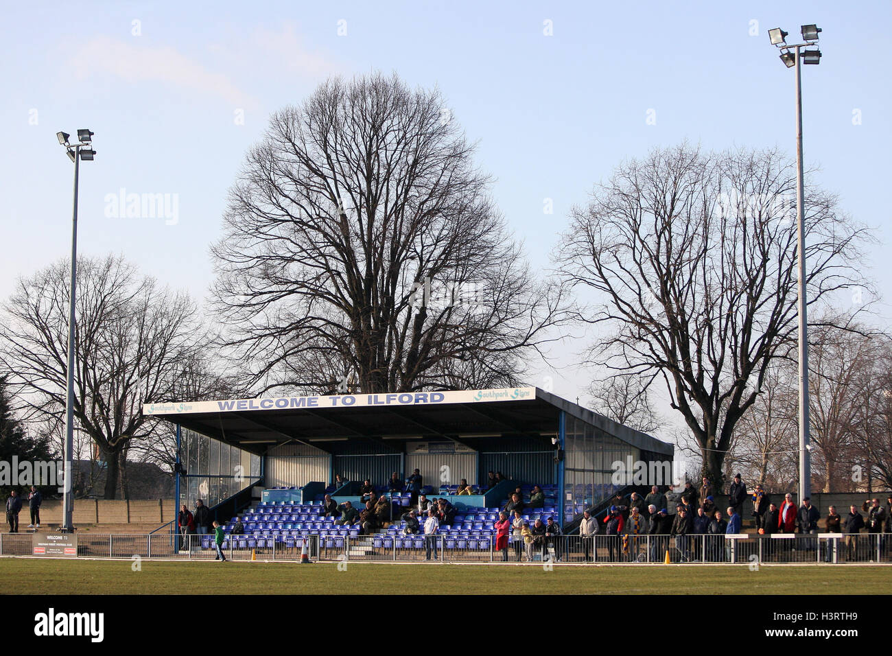 General view of the main stand at Cricklefields, home of Ilford FC and ...