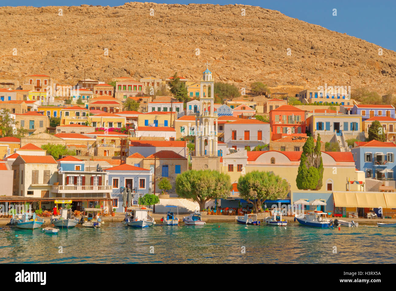 Chalki town on the Greek island of Chalki situated off the north coast ...