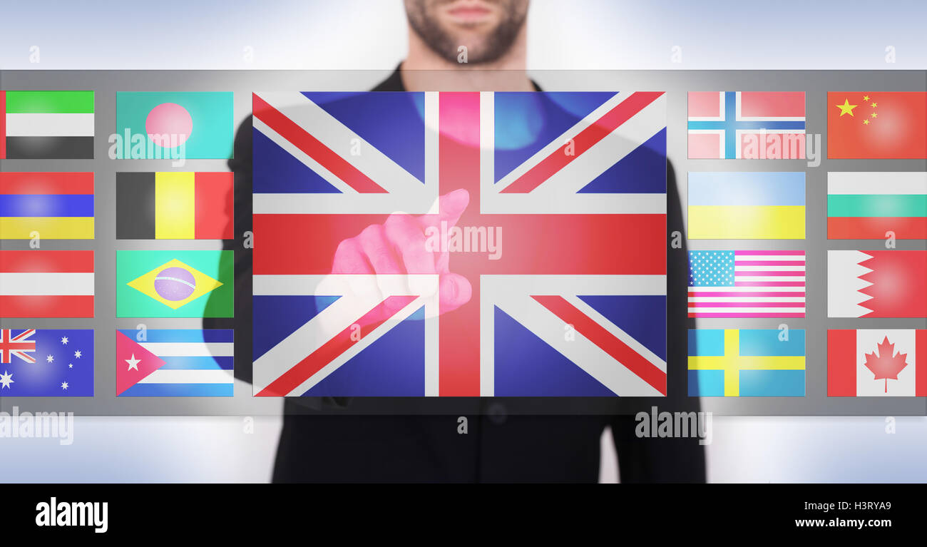 Hand pushing on a touch screen interface Stock Photo - Alamy