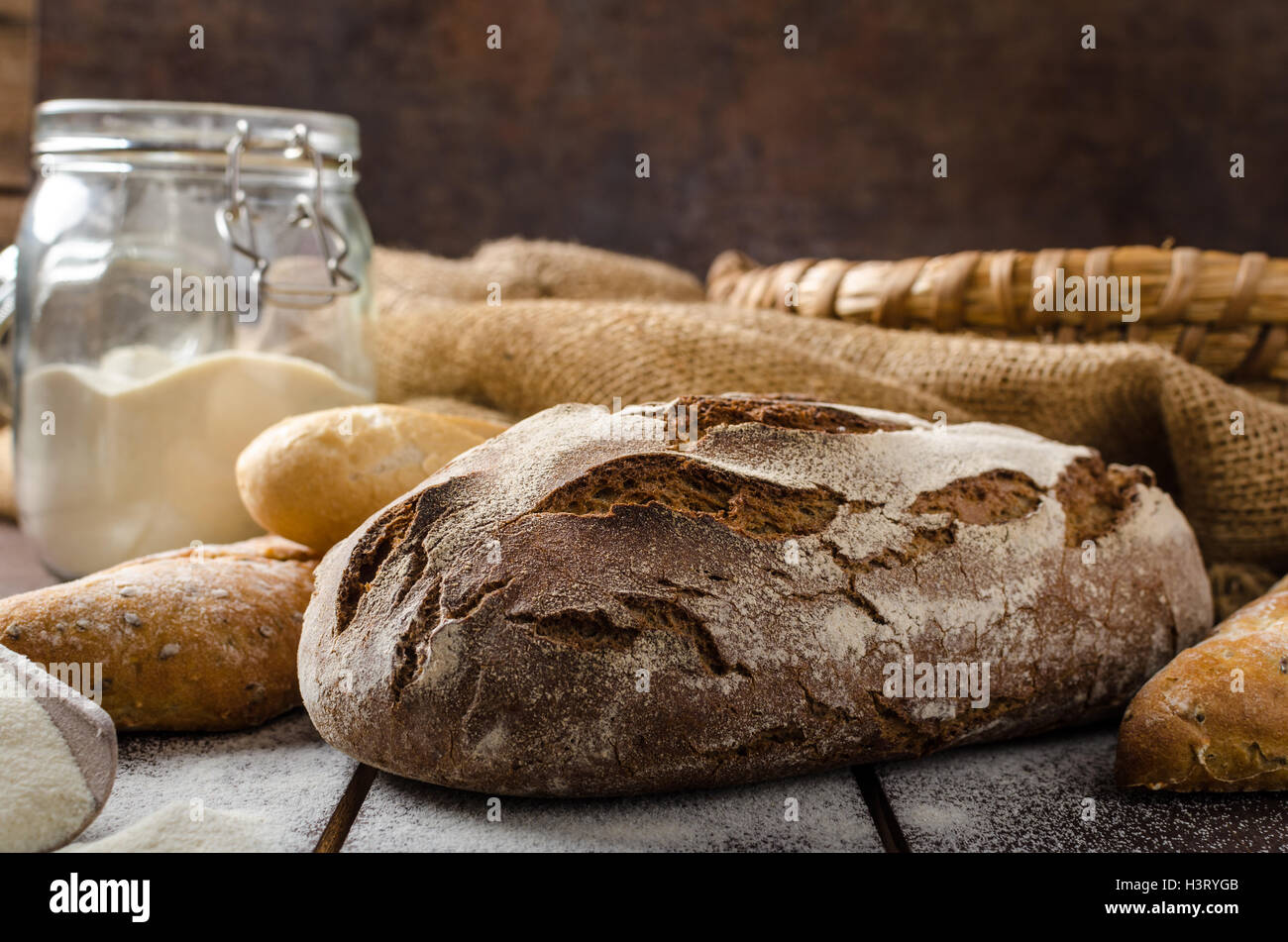 Fresh Farmer rustic style bread with pastry, baked in oven from leaven ...