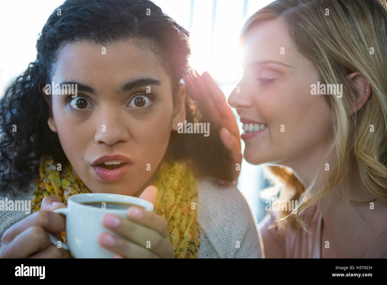 Woman whispering a secret into her friends ear while having coffee ...