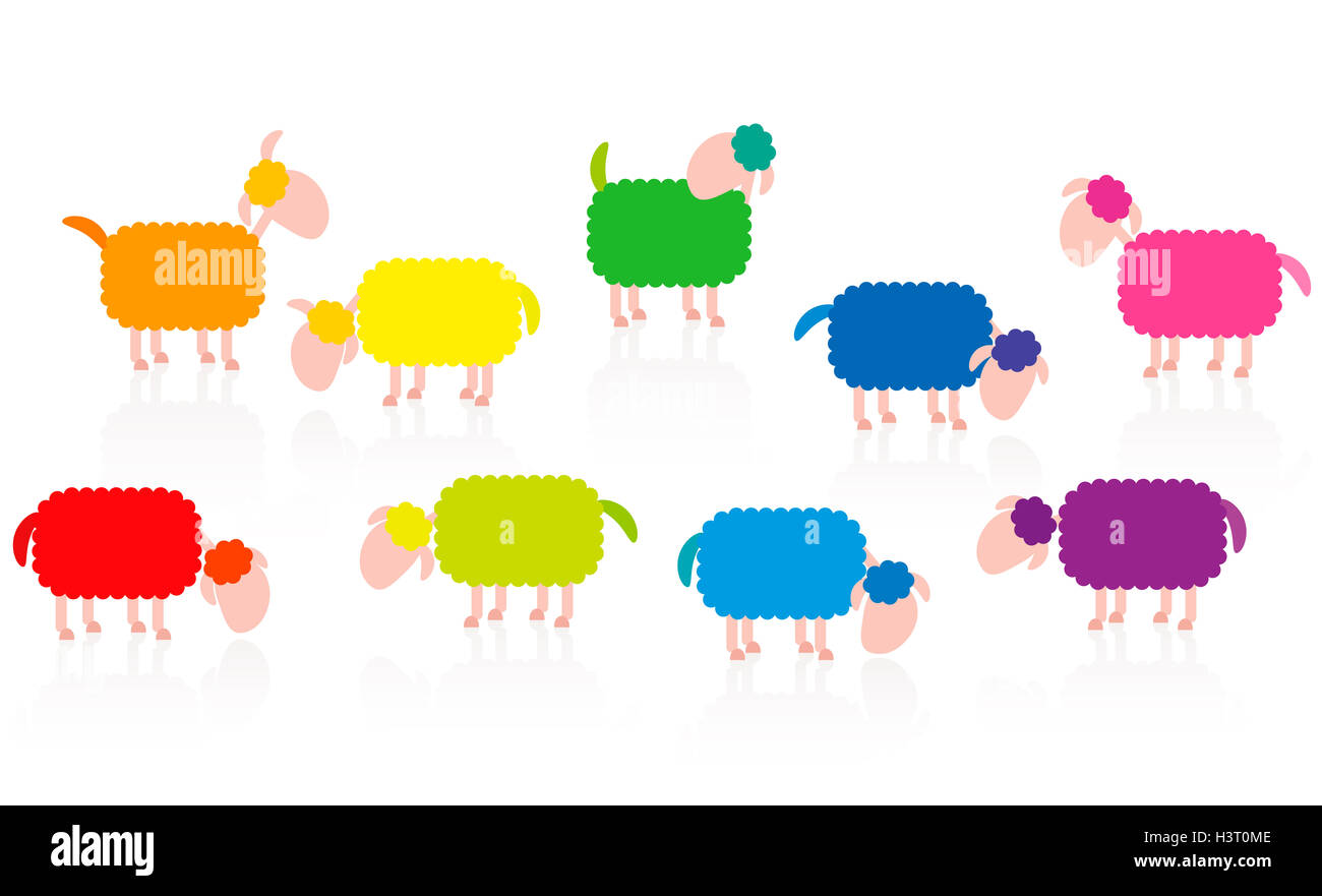Colored sheep flock cartoon - illustration on white background Stock ...