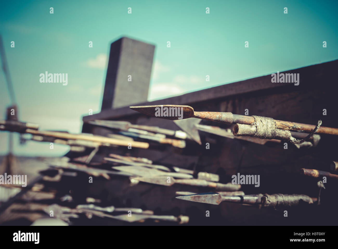 Medieval siege weapons, crossbows, onagers, catapults and batter Stock ...