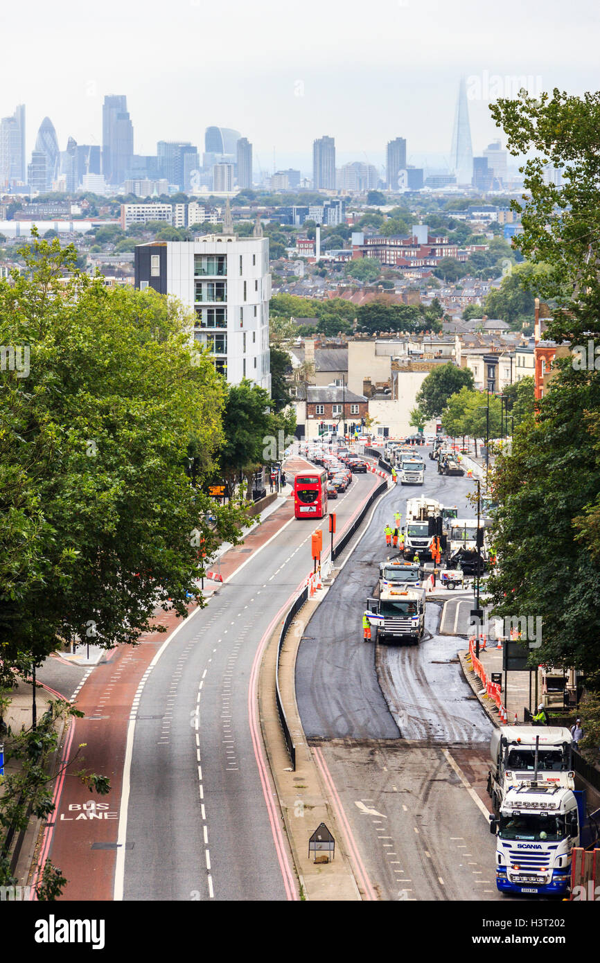 The A1 Archway Road being resurfaced, looking South to the City of ...