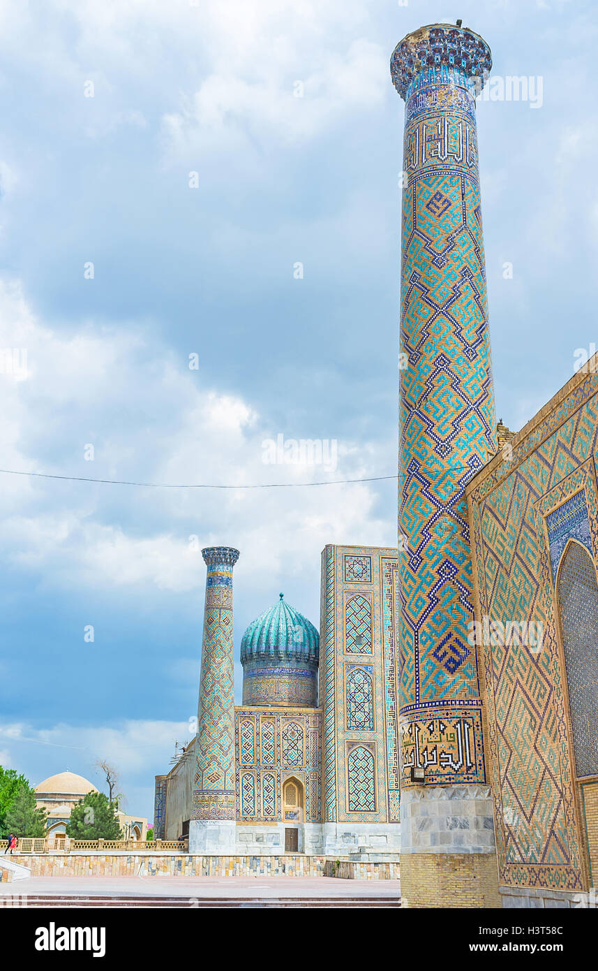 The high colorful minarets of the old madrasahs on the Registan Square ...