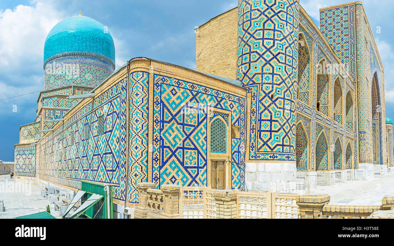 The Tilya Kori Madrasah with its bright blue dome and walls, covered ...