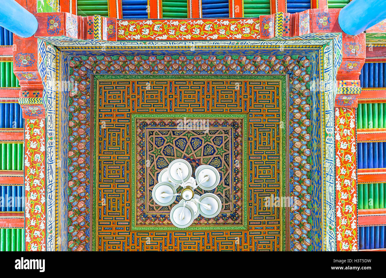 The colorful wooden ceiling of the Ruhabad mosque with traditional ...