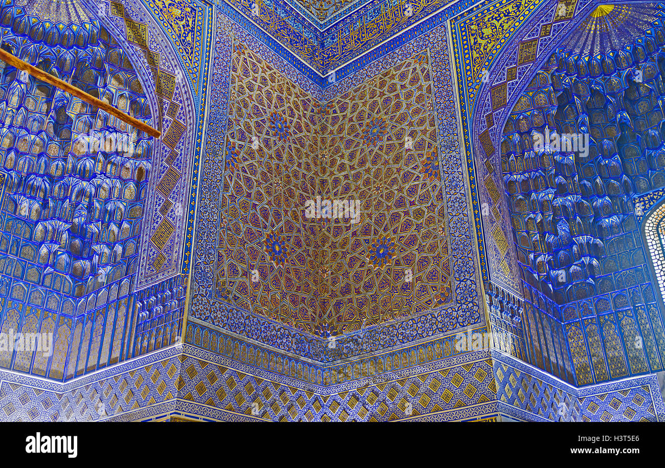 The wall of Amir Temur (Gur-e Amir) mausoleum decorated with gilt stars ...