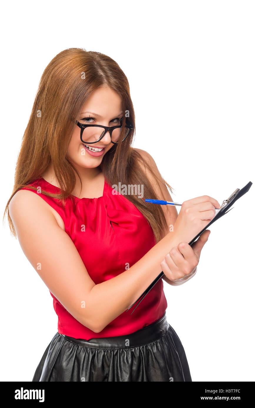 Vertical portrait of a beautiful secretary on a white background Stock ...