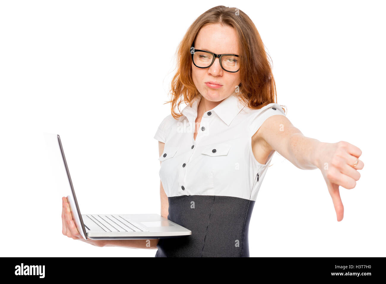 dissatisfied businesswoman shows thumb down. Failure on a white ...