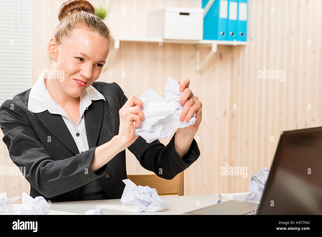 wicked crazy woman vomits documents in the office Stock Photo - Alamy