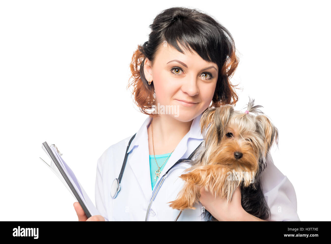 horizontal portrait of the vet with his healthy patient on a white ...