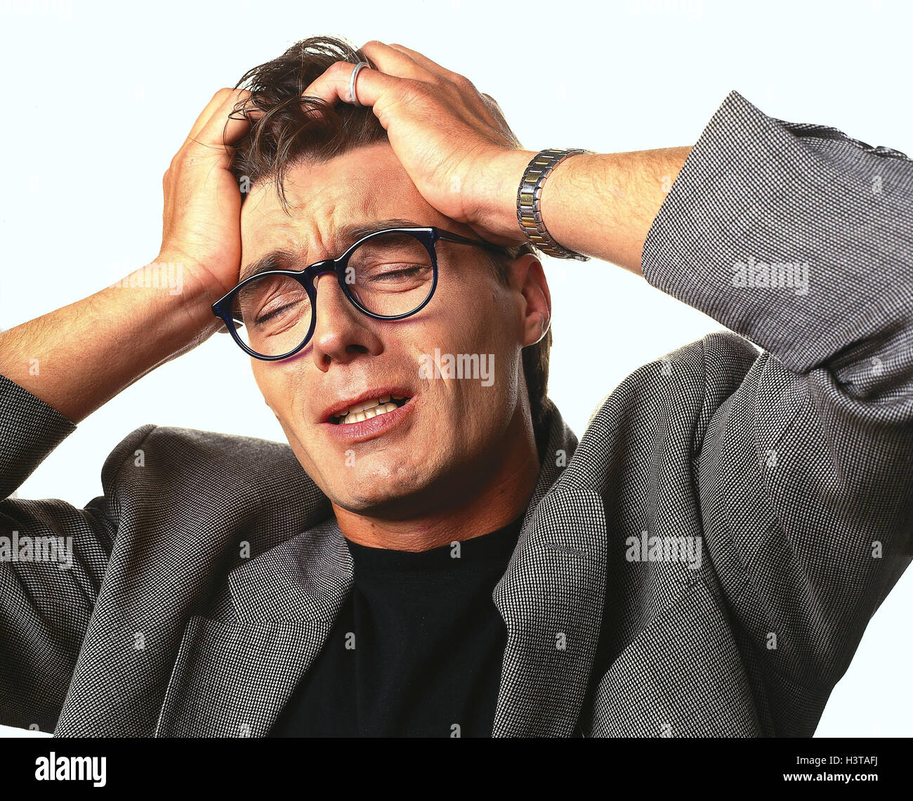 Man, gesture, desperation, portrait, glasses, hands, head, hairs ...