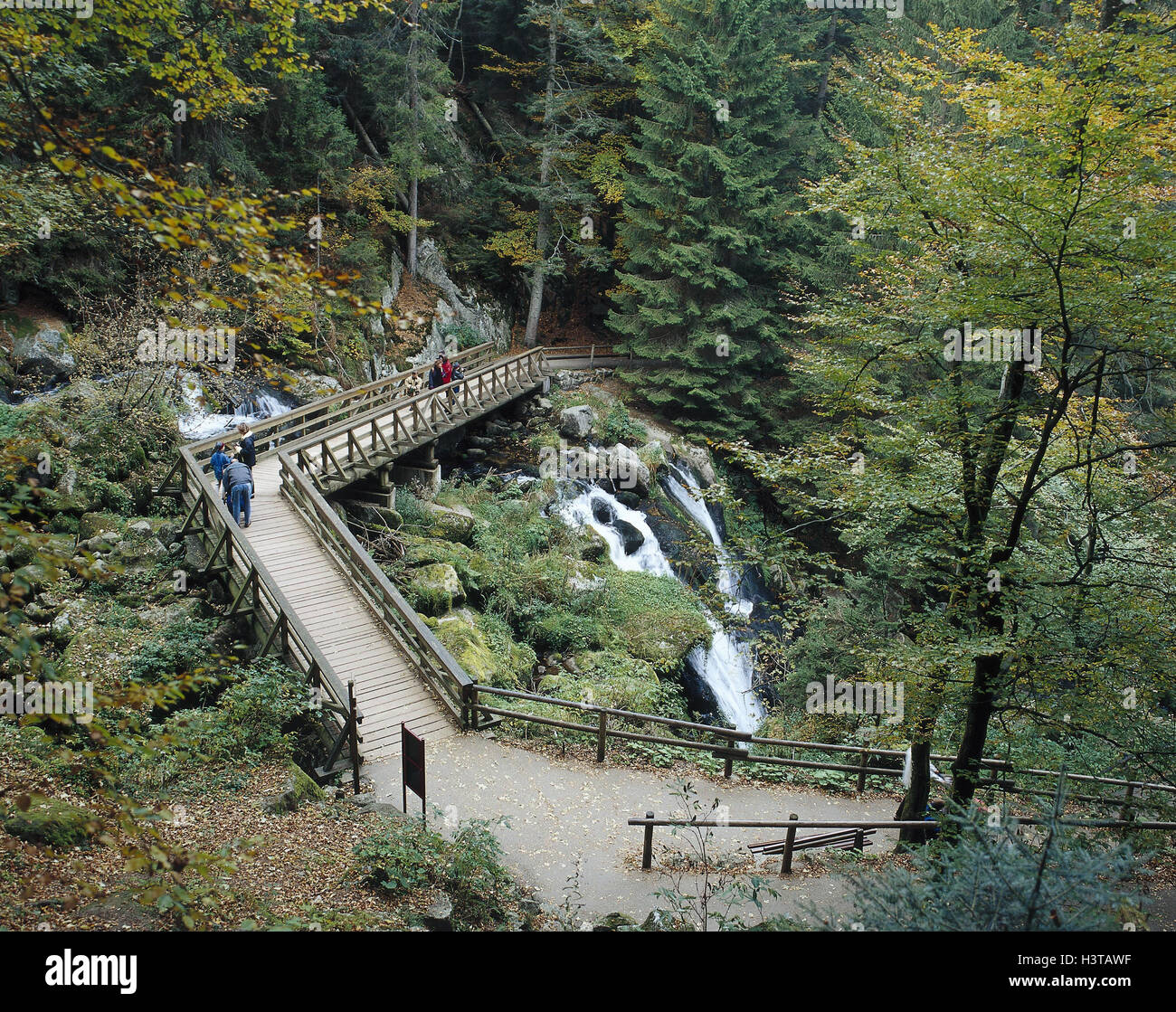 Germany, Black Forest, mountain Tri, waterfall, wooden bridge, wanderer ...