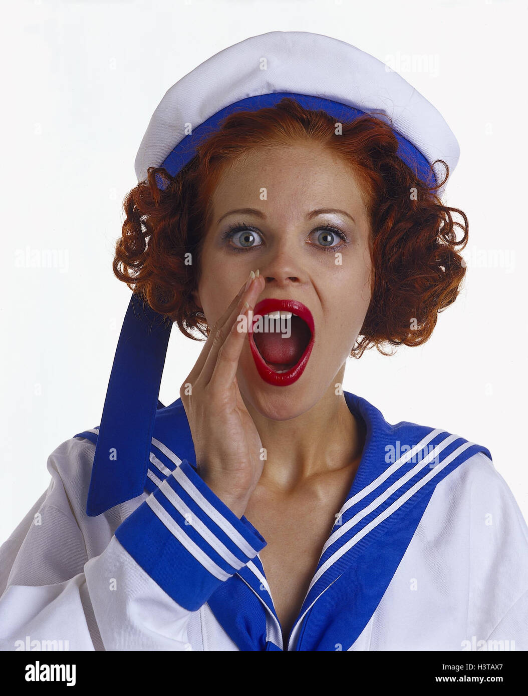 Woman, young, sailor suit, gesture, call, half portrait, women, studio ...