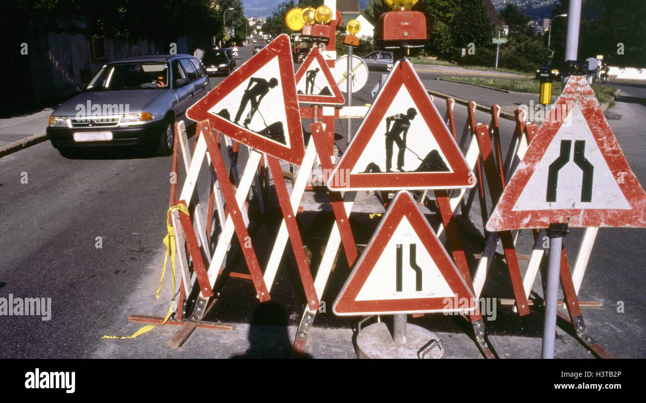 Town traffic, men at work, traffic sign, passed away, road construction, street, traffic, car ...