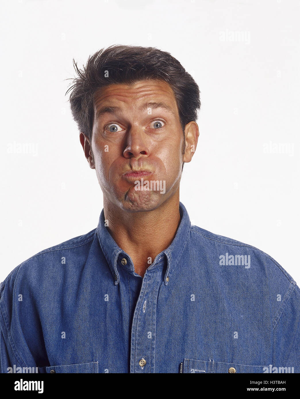 Man, facial play chubby cheeks, portrait, Men, studio, cut out, jeans ...
