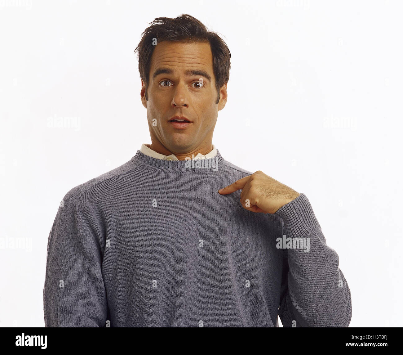 Man, hairs, darkly, pullover, grey, gesture, interrogatorily, portrait ...