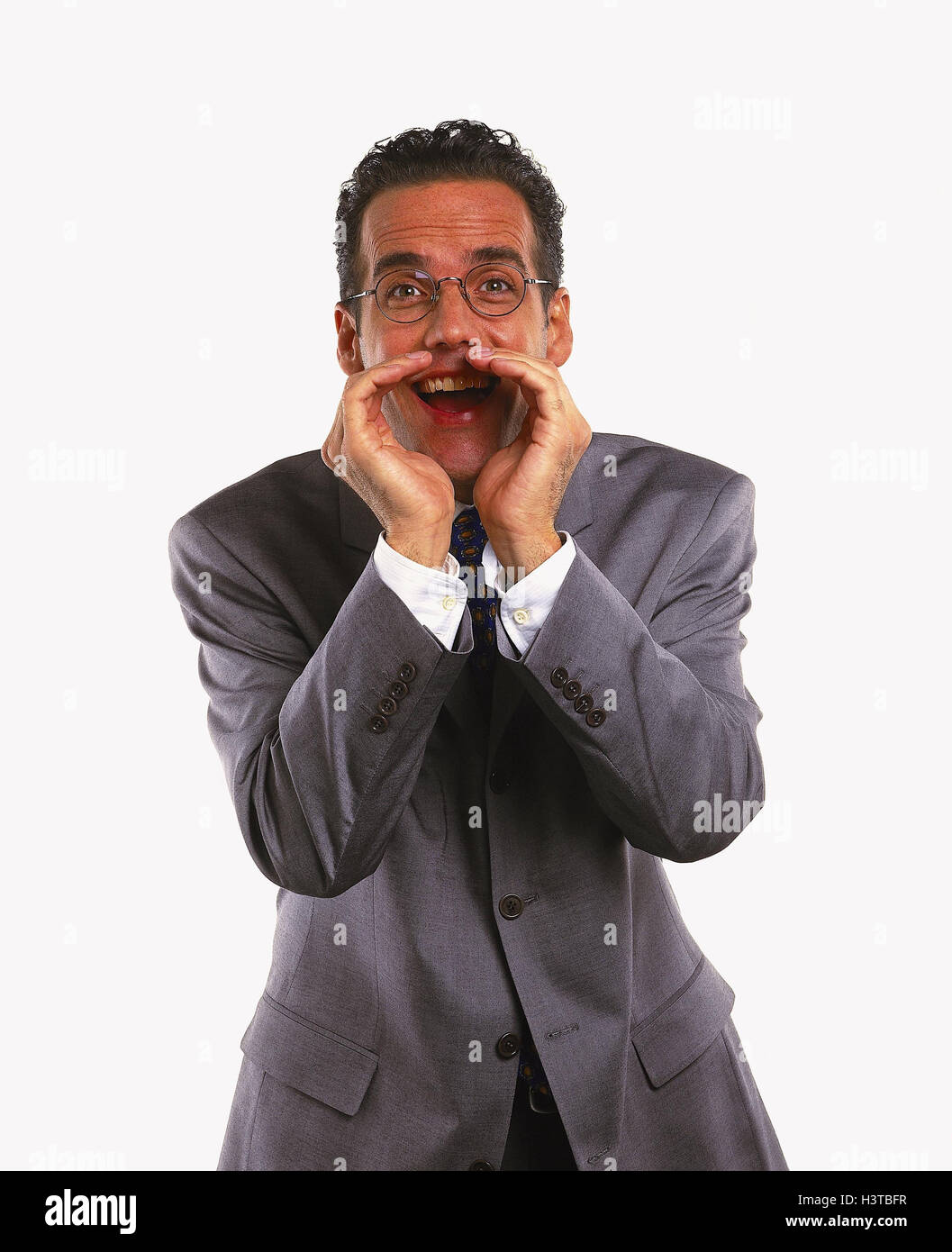 Man, suit, glasses, gesture, shout, half portrait, Men, studio, cut out ...