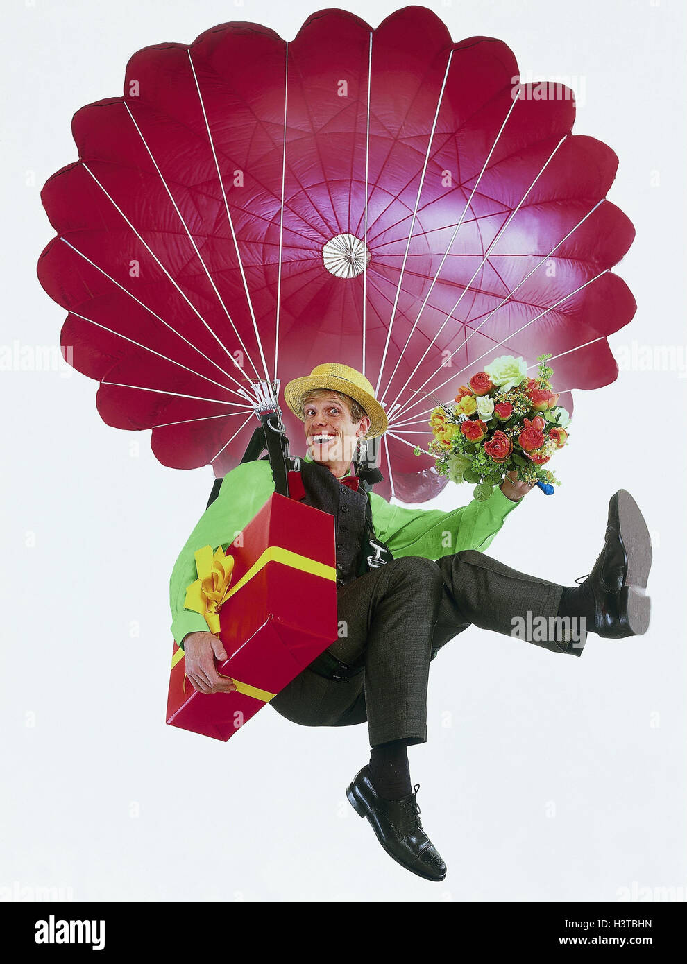 Man, young, happy, parachute, bouquet, present, [M], concepts ...