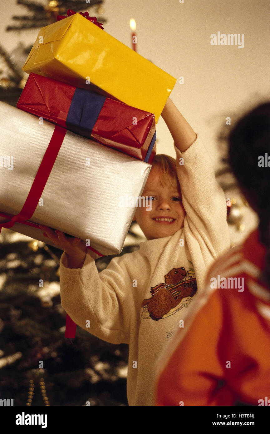 Christmas, distribution presents, Christmas tree, detail, boy, presents ...