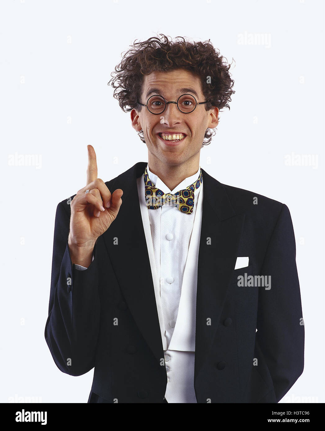 Man, glasses, suit and fly, curls, gesture, upraised forefinger mb 97 ...