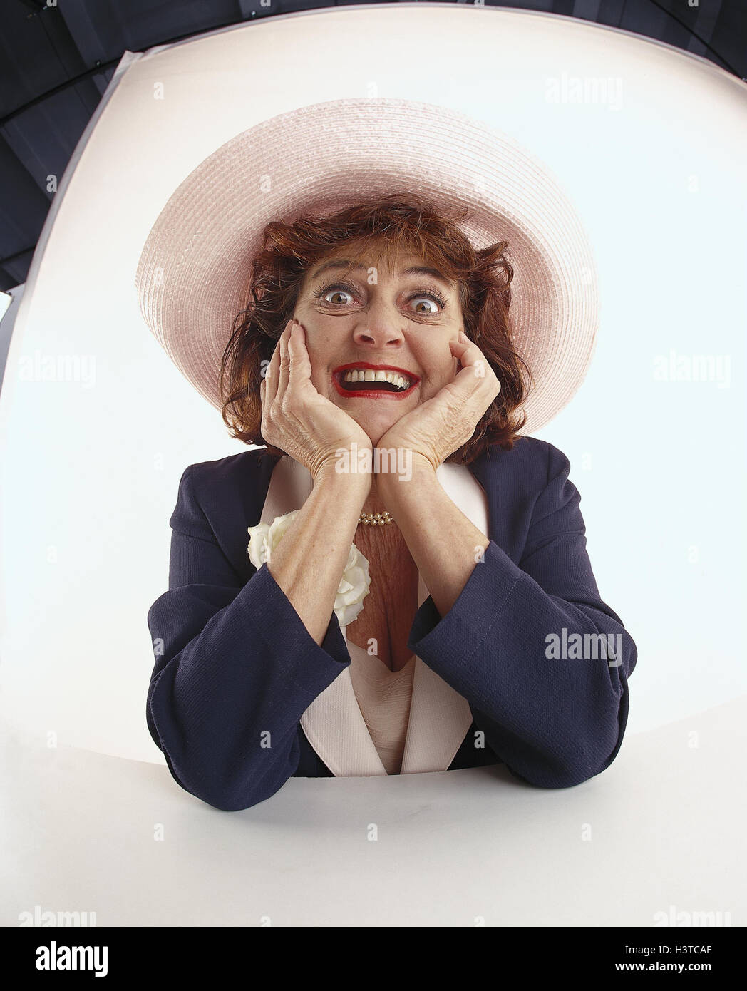 Woman, costume and care, head on hands supported, facial play, portrait ...