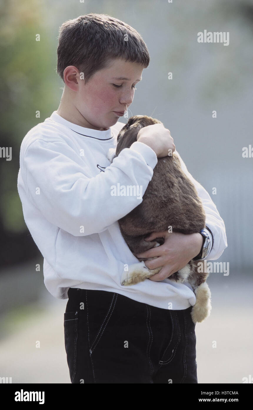 Boy, hare, carry child, stable hare, pet, mammal, rodent, animal-loving ...