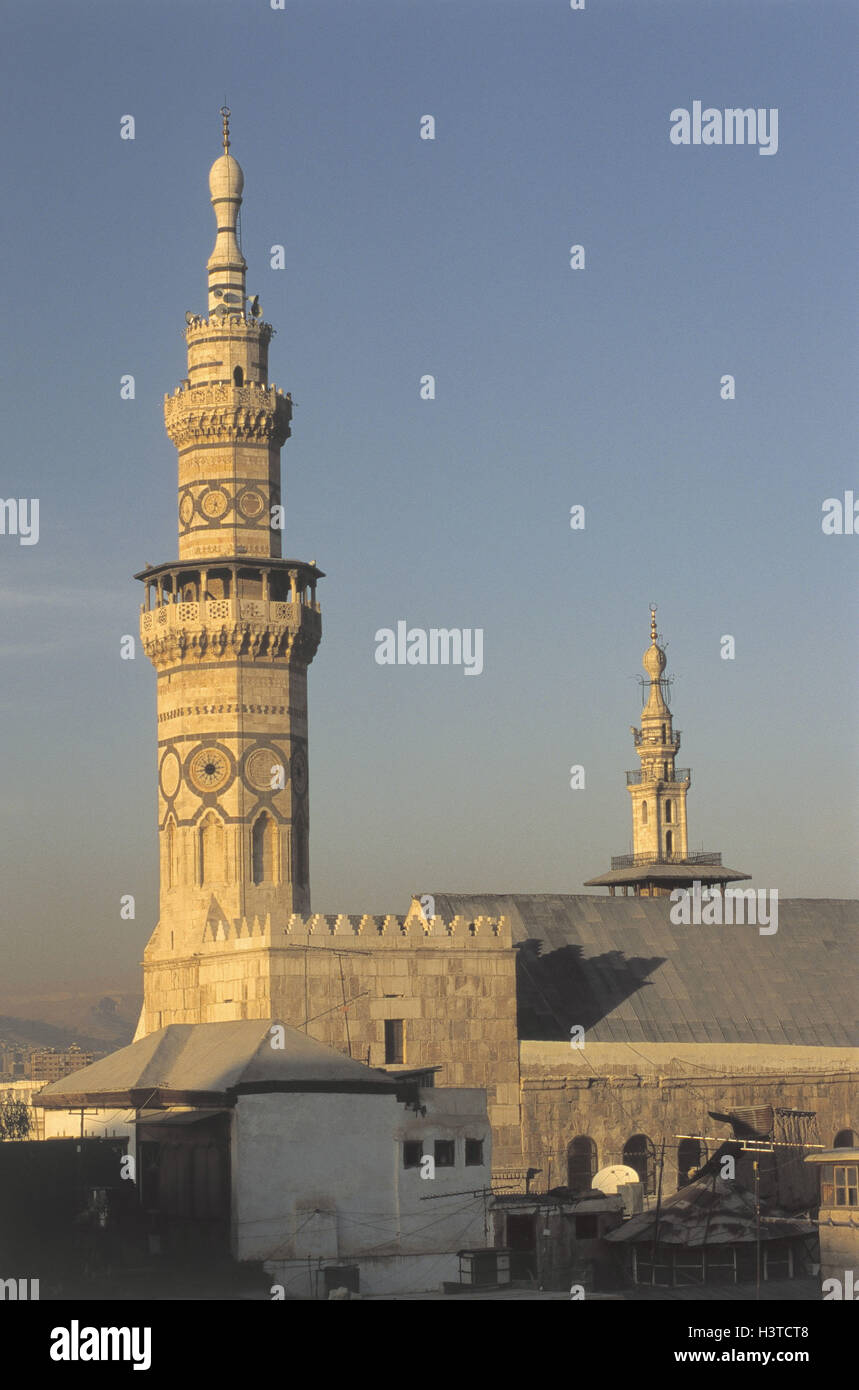 Syria, Damascus, town view, Omayyaden mosque, detail, minarets, evening ...