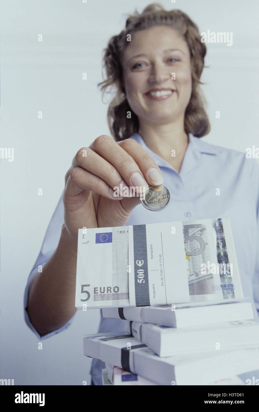 Woman, monetary tract, euro banknotes, stacked, euro coin, point ...