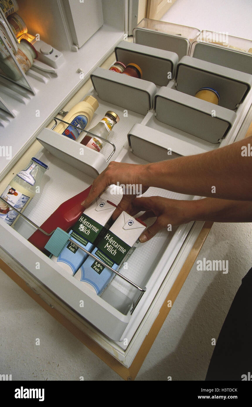 Fridge, opened, woman, detail, milk cuisine, household, lacteal packet ...