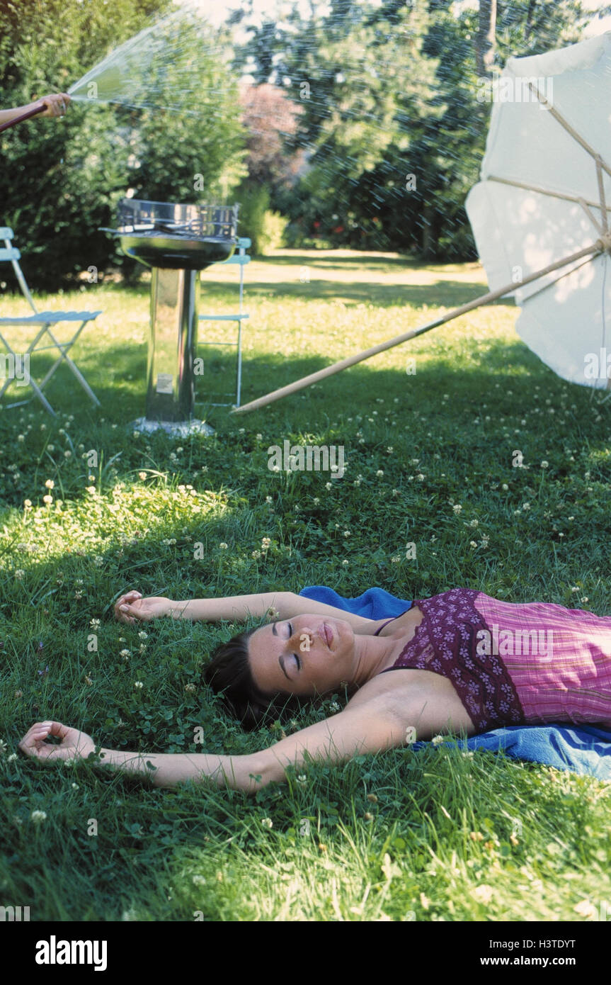 Garden, woman, meadow, lie, relaxing, detail, model released, meadow ...
