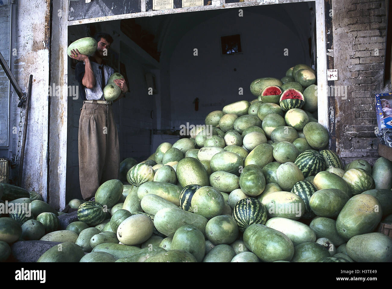 Iran, Isfahan, market, man, sales, watermelons, the Middle East, front ...