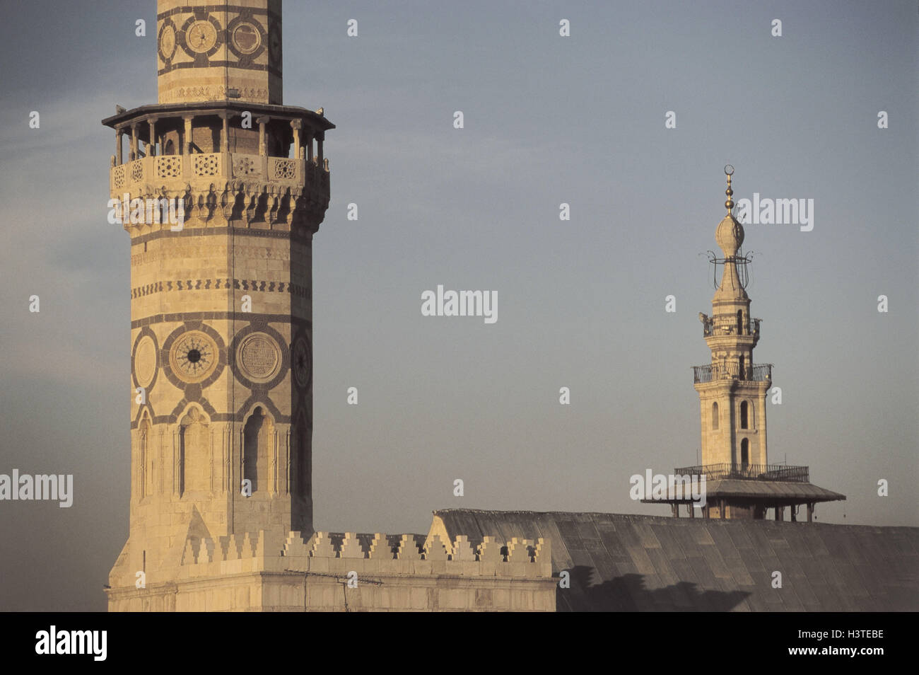 Syria, Damascus, town view, Omayyaden mosque, detail, minarets, evening ...