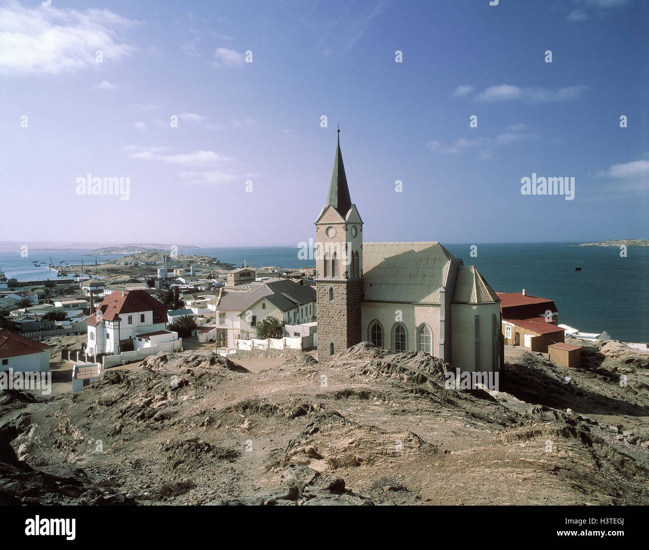 Namibia, Lüderitz, town view, rock church, sea, Africa, the Atlantic ...