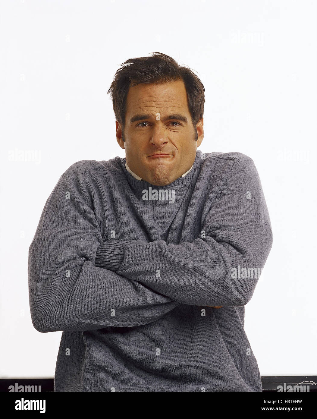 Man, hairs, darkly, pullover, grey, arms, crosses, facial play ...