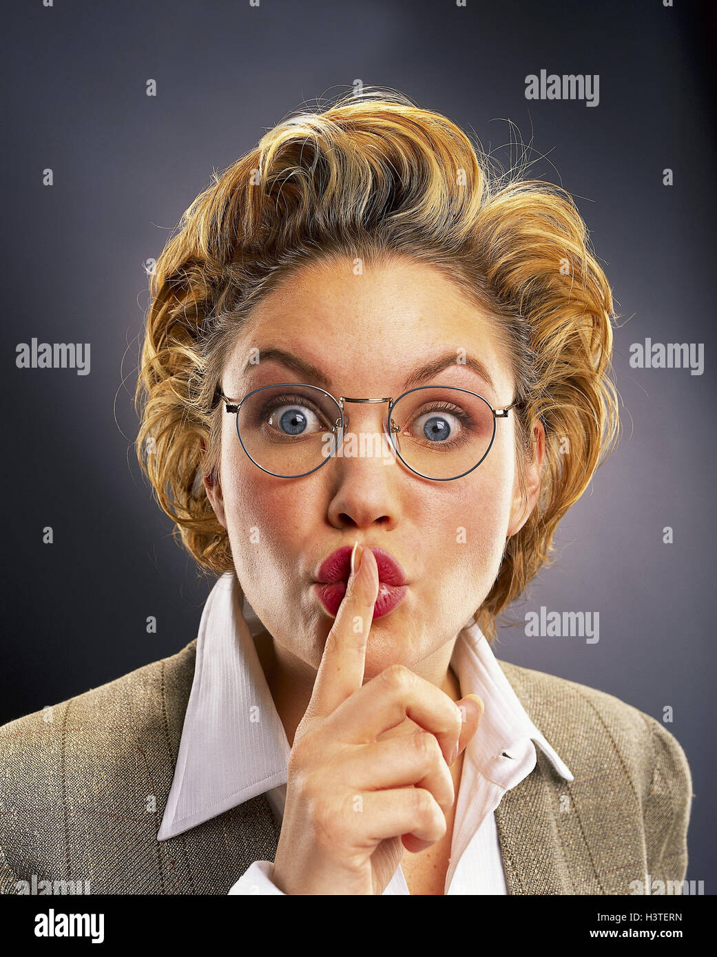 Businesswoman, young, blond, glasses, gesture, silence, quiet, portrait ...