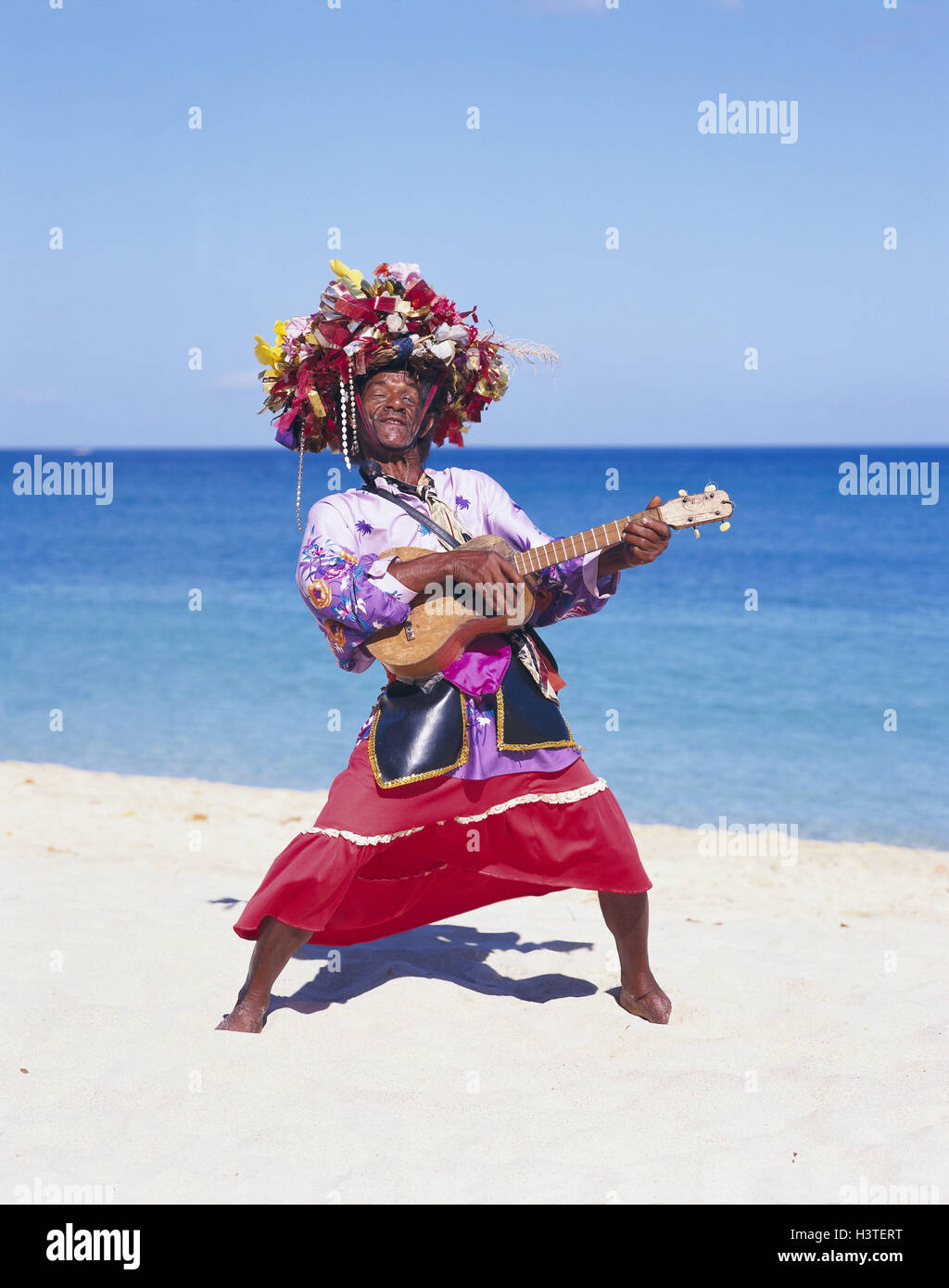 Grenada, beach, man, old, panels, guitar, pose, West-Indian island, the ...